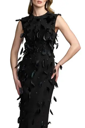 Mac Duggal High Neck Sleeveless Feather Embellished Dress