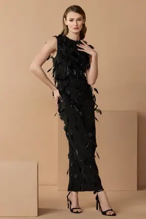 Mac Duggal High Neck Sleeveless Feather Embellished Dress