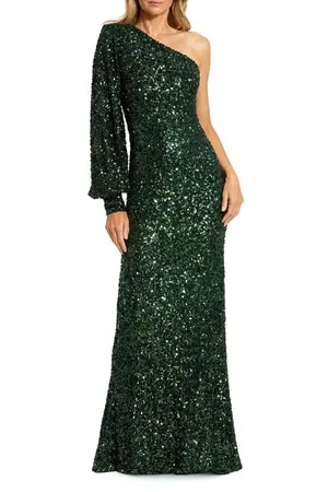 Mac Duggal Sequined One Shoulder Bishop Sleeve Trumpet Gown