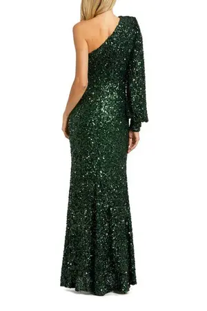 Mac Duggal Sequined One Shoulder Bishop Sleeve Trumpet Gown