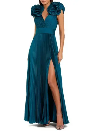 Mac Duggal Pleated Charmeuse V Neck Gown With Ruffle Detail