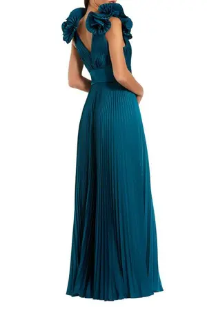 Mac Duggal Pleated Charmeuse V Neck Gown With Ruffle Detail