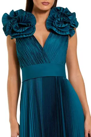 Mac Duggal Pleated Charmeuse V Neck Gown With Ruffle Detail