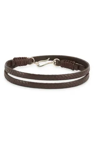 Caputo & Co Sterling Silver Woven Embossed Leather Wrap Bracelet - Dark Brown