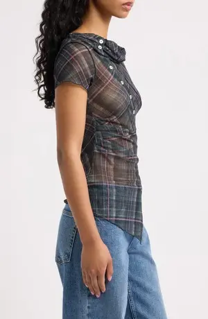 BDG URBAN OUTFITTERS Asymmetrical Plaid Draped Neck Short Sleeve Top