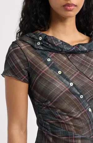 BDG URBAN OUTFITTERS Asymmetrical Plaid Draped Neck Short Sleeve Top