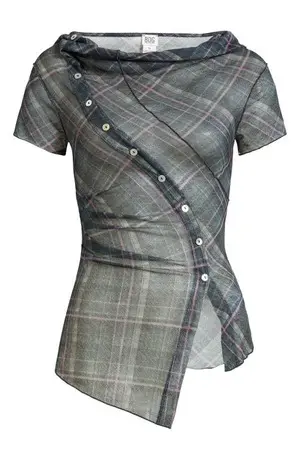 BDG URBAN OUTFITTERS Asymmetrical Plaid Draped Neck Short Sleeve Top