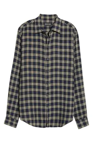 Emporio Armani Plaid Long Sleeve Button-up Shirt - Navy