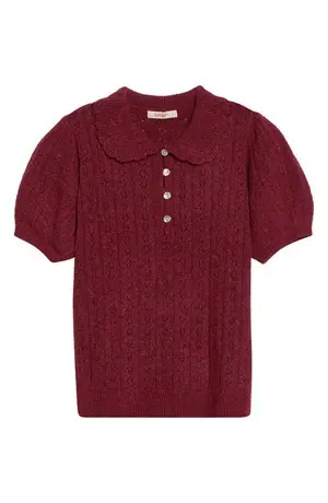 Marine Layer Sophie Pointelle Knit Polo Sweater - Cabernet