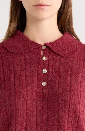 Marine Layer Sophie Pointelle Knit Polo Sweater - Cabernet