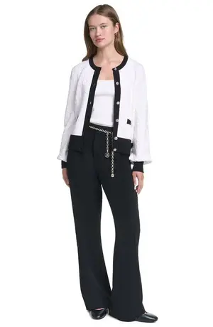 Karl Lagerfeld Paris Jacquard Pattern Crewneck Cardigan - Soft White/black