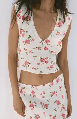 Mango Floral Lace Cropped Blouse