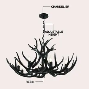 JONATHAN Y Eldora 36" 8-light Rustic Farmhouse Adjustable Resin Antler Led Chandelier - Black