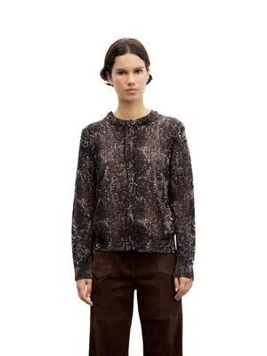 Gerard Darel Merino Wool Crew Neck Cardigan With Animal Print