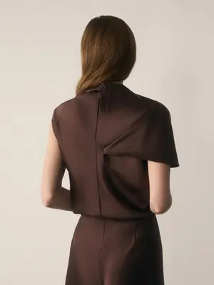 The Fold Ocana Asymmetric Sleeve Satin Blouse - Brown