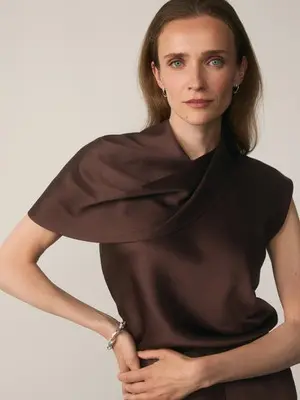 The Fold Ocana Asymmetric Sleeve Satin Blouse - Brown