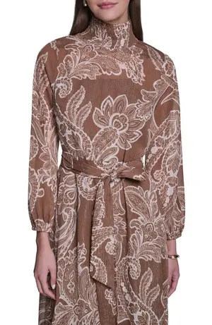 Halston Long Sleeve Paisley Printed Chiffon Midi Dress