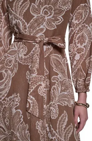 Halston Long Sleeve Paisley Printed Chiffon Midi Dress