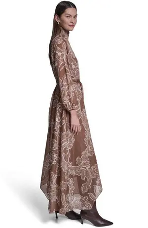 Halston Long Sleeve Paisley Printed Chiffon Midi Dress