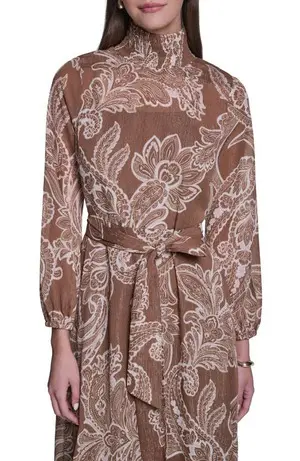Halston Long Sleeve Paisley Printed Chiffon Midi Dress