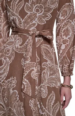 Halston Long Sleeve Paisley Printed Chiffon Midi Dress