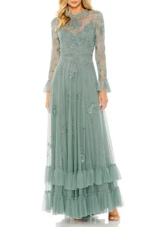Mac Duggal Petite Beaded Embroidered Tulle Long Sleeve Gown