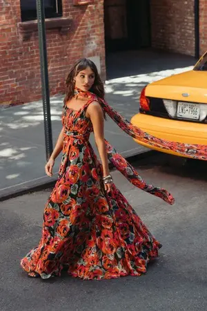 Mac Duggal Floral Chiffon A-line Gown With Scarf - Rose