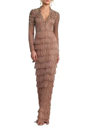 Mac Duggal Long Sleeve Embellished Fringe Gown