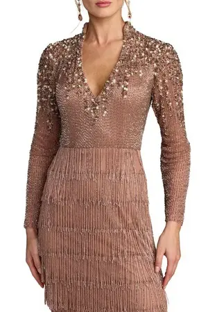 Mac Duggal Long Sleeve Embellished Fringe Gown