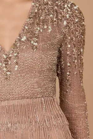 Mac Duggal Long Sleeve Embellished Fringe Gown