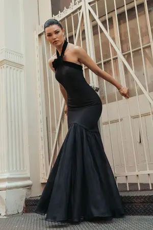 Mac Duggal Halter Neck Mermaid Gown With Bow Detail