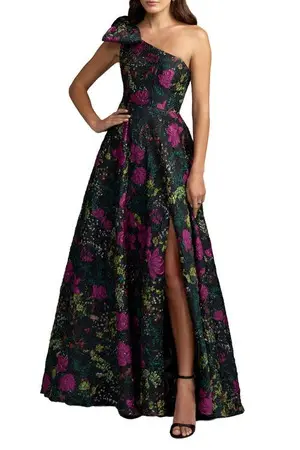 Mac Duggal Petite One Shoulder Floral Brocade Ball Gown With Bow - Black Multi