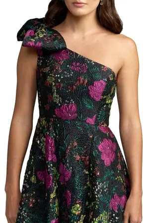Mac Duggal Petite One Shoulder Floral Brocade Ball Gown With Bow - Black Multi