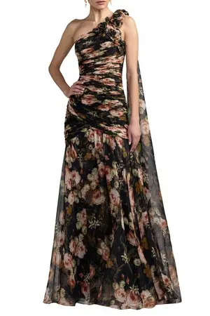 Mac Duggal Floral One-shoulder Ruched Chiffon Gown