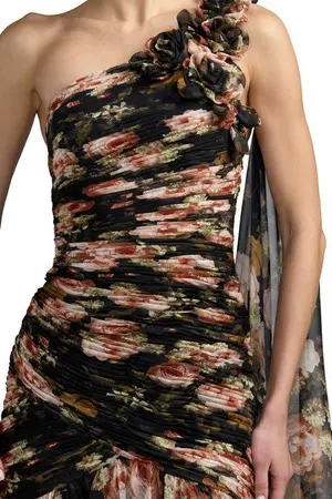 Mac Duggal Floral One-shoulder Ruched Chiffon Gown