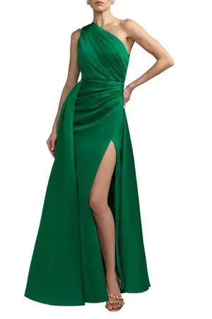 Mac Duggal One Shoulder Draped Satin Gown With Overskirt