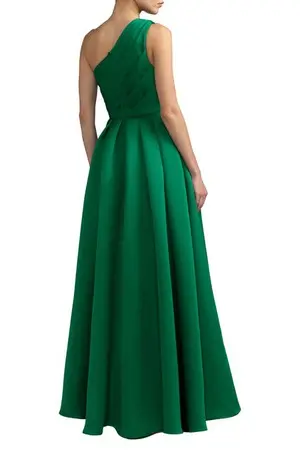 Mac Duggal One Shoulder Draped Satin Gown With Overskirt