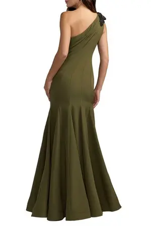 Mac Duggal Crepe One Shoulder Gown With Flower