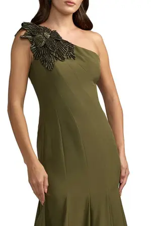 Mac Duggal Crepe One Shoulder Gown With Flower