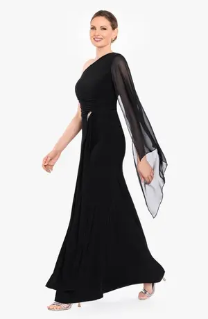 Betsy & Adam One Shoulder Chiffon Trim Maxi Dress