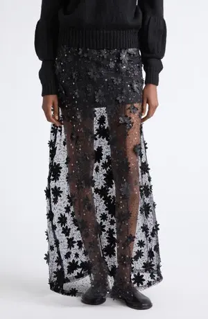 KUR Floral Appliqué Mesh Wrap Maxi Skirt