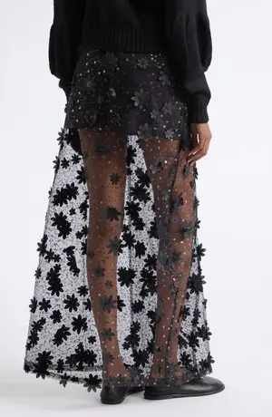 KUR Floral Appliqué Mesh Wrap Maxi Skirt