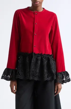 KUR Ripple Corduroy Blouse With Lace Trim