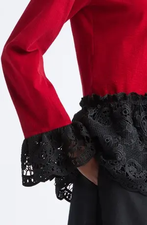 KUR Ripple Corduroy Blouse With Lace Trim