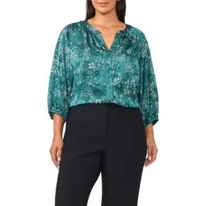 Vince Camuto Floral Print Raglan Sleeve Button Up Shirt - Deep Emerald