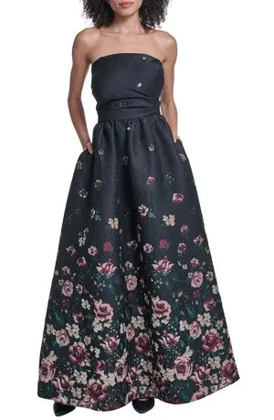 Karl Lagerfeld Paris Strapless Floral Print Fil Coupé Ballgown - Black Multi