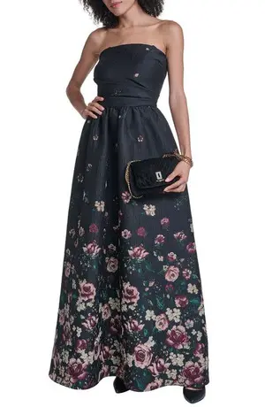 Karl Lagerfeld Paris Strapless Floral Print Fil Coupé Ballgown