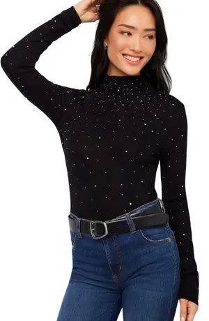 Karen Kane Rhinestone Mock Neck Sweater - Black