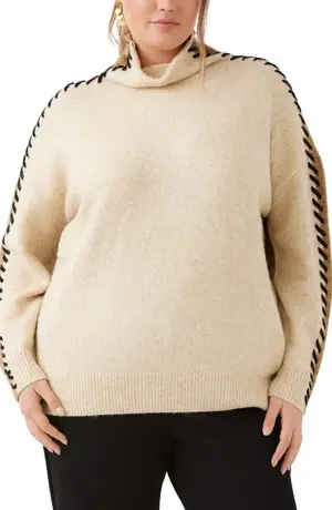 Karen Kane Contrast Stitch Mock Neck Sweater - Oatmeal/camel
