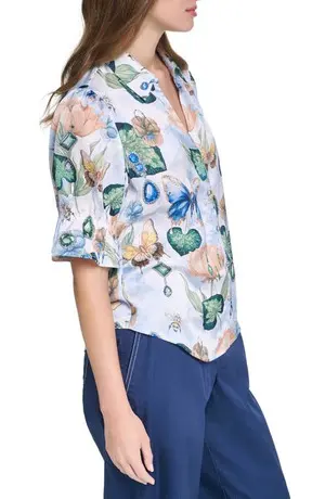 Karl Lagerfeld Paris Short Sleeve Ruffle Cuff Shirt - Soft White Multi